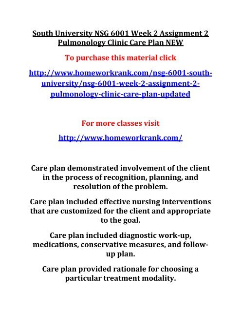 South University NSG 6001 Week 2 Assignment 2 Pulmonology Clinic Care Plan NEW