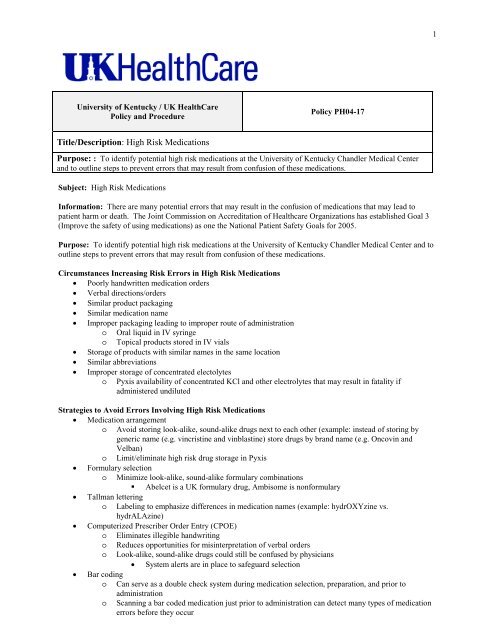 Policy PH-04-17: High Risk Medications - University of Kentucky