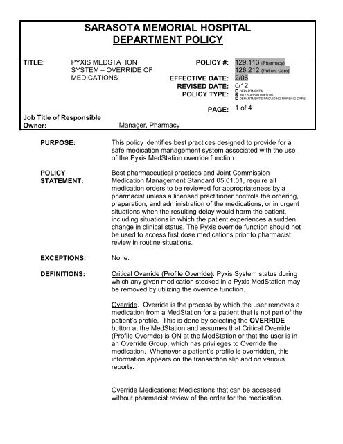 Pyxis Medstation System-Override of Medications (126.212)