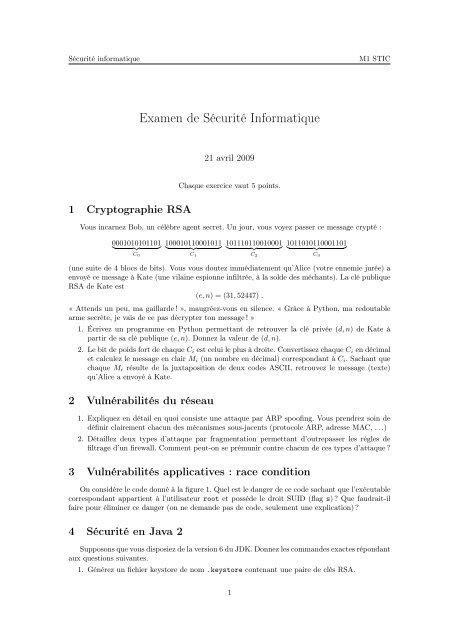 examen sécurité informatique cryptographie