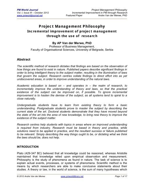 Project Management Philosophy - PM World Journal