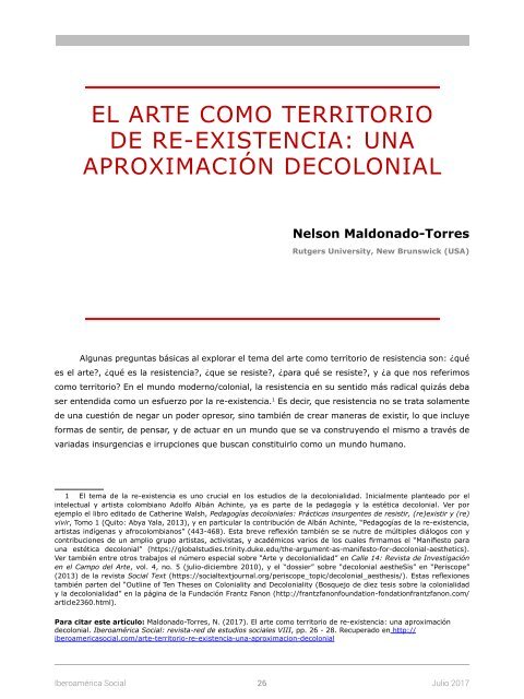 Maldonado-Torres, N. (2017). El arte como territorio de re-existencia ...
