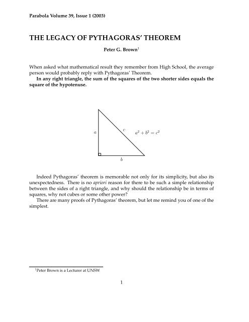 THE LEGACY OF PYTHAGORAS' THEOREM - Parabola