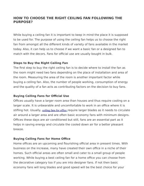 HOW TO CHOOSE THE RIGHT CEILING FAN FOLLOWING THE PURPOSE