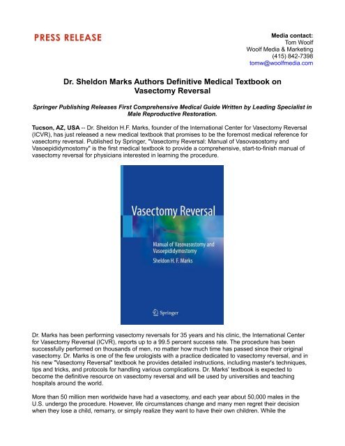 Dr. Sheldon Marks Authors Definitive Medical Textbook on Vasectomy Reversal