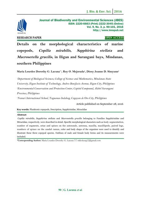 Details on the morphological characteristics of marine copepods ...