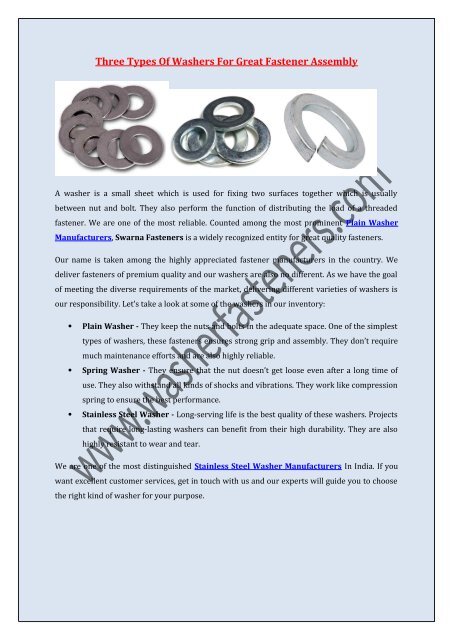 Three Types Of Washers For Great Fastener Assembly