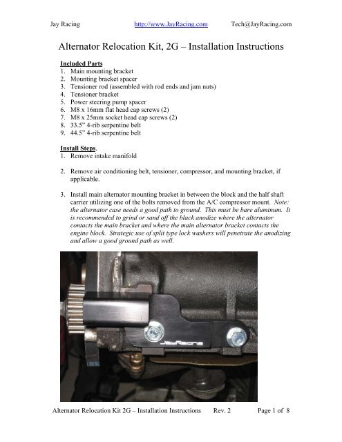 Jay Racing Alternator Relocation Kit - 2G Installation Instructions
