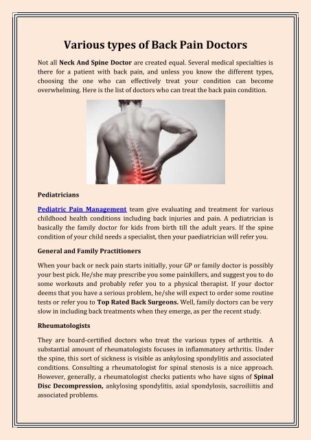 Various types of Back Pain Doctors