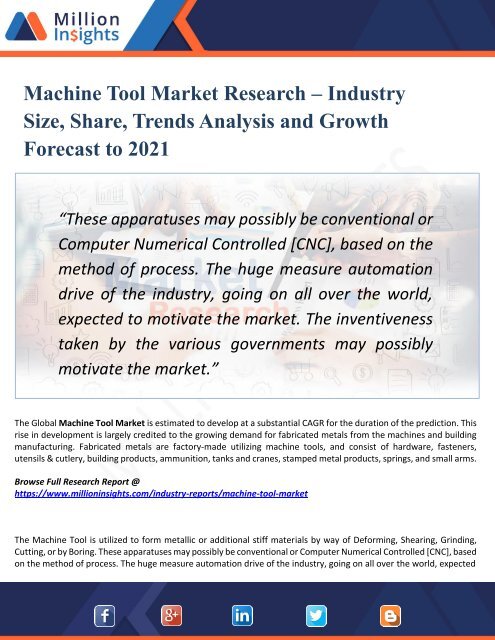 Machine Tool Market Forecast to 2021 with Key Companies Profile, Supply ...