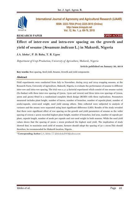 Effect of inter-row and intra-row spacing on the growth and yield of ...