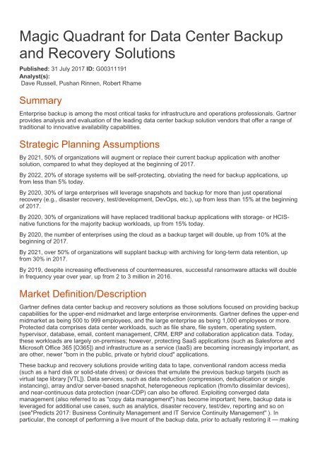 Magic Quadrant for Data Center Backup and Recovery Solutions