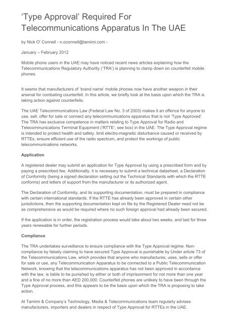 Type Approval’ Required For Telecommunications Apparatus In The UAE