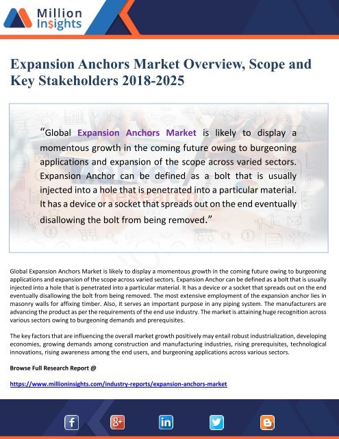 Expansion Anchors Market Overview, Scope and Key Stakeholders 2018-2025