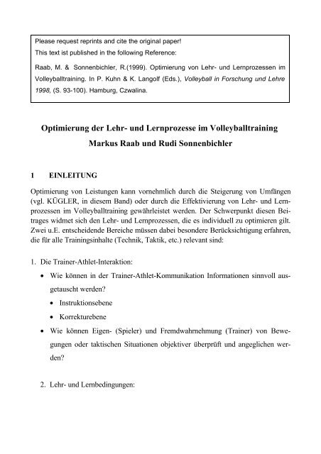 und Lernprozesse im Volleyballtraining Markus Raab und Rudi ...
