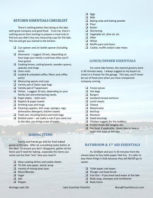 lake essentials checklist