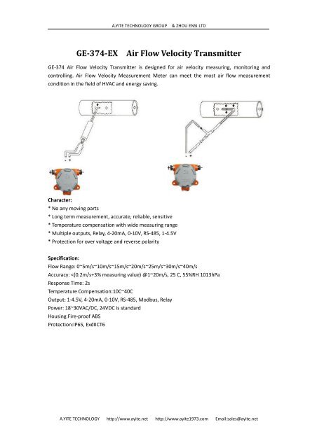 GE-374-Ex Air Flow Velocity Transmitter ATEX Explosion Proof