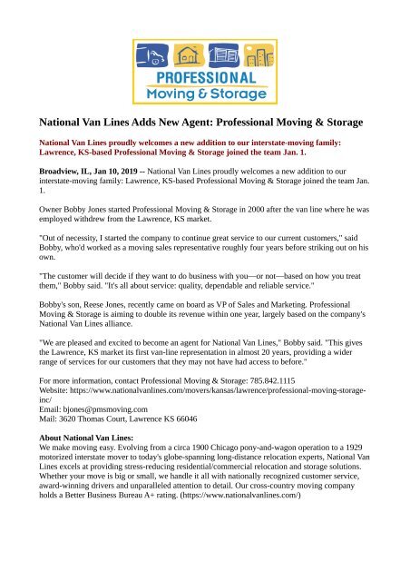 National Van Lines Adds New Agent: Professional Moving & Storage