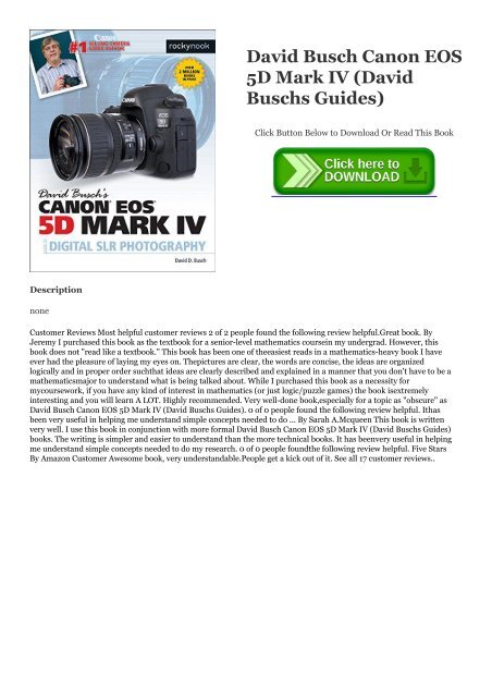 Full Book David Busch Canon EOS 5D Mark IV (David Buschs Guides) Ebook Download | READ ONLINE
