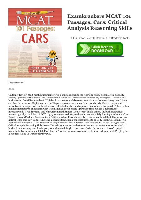 R.E.A.D. [BOOK] Examkrackers MCAT 101 Passages: Cars: Critical Analysis ...