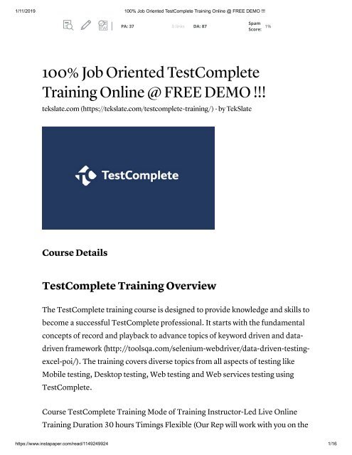 100% Job Oriented TestComplete Training Online @ FREE DEMO
