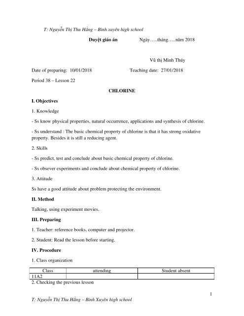 Lesson Plan Chemistry Class X by Nguyễn Thị Thu Hằng - Bình Xuyên High ...