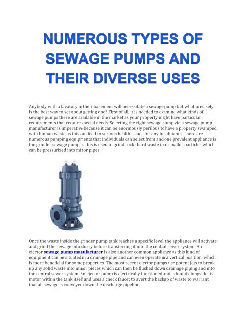 Numerous Types Of Sewage Pump And Their Diverse Uses