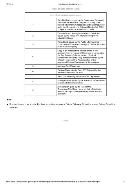 List of Acceptable Documents - birth
