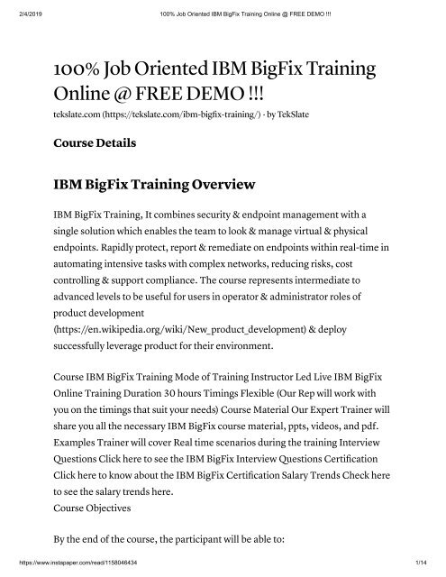 100% Job Oriented IBM BigFix Training Online @ FREE DEMO