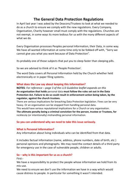 The General Data Protection Regulations -Notes for Church meeting 27th ...
