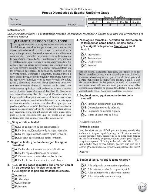 Prueba Diagnóstica de Español Undécimo grado