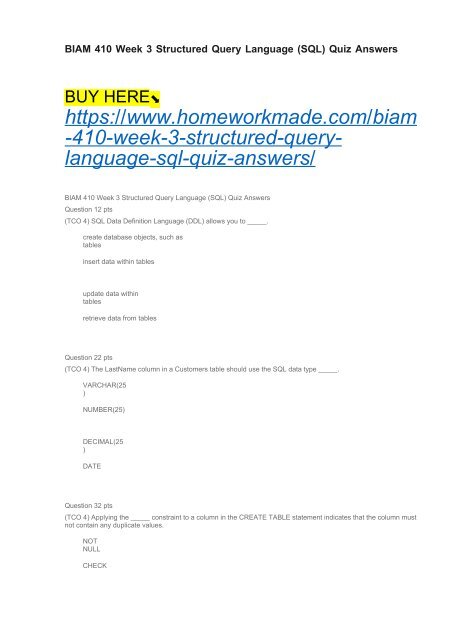 BIAM 410 Week 3 Structured Query Language (SQL) Quiz Answers