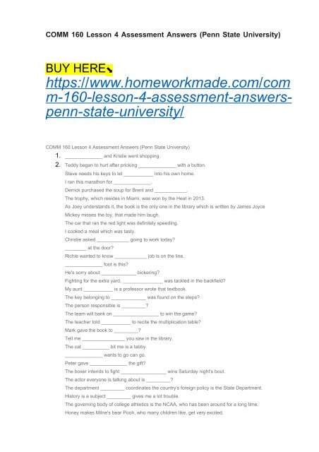 COMM 160 Lesson 4 Assessment Answers (Penn State University) COMM 160 Lesson 4 Assessment Answers (Penn State University)