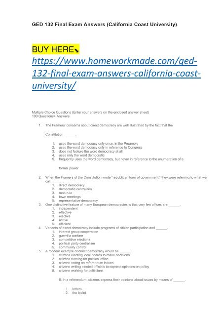 GED 132 Final Exam Answers (California Coast University)