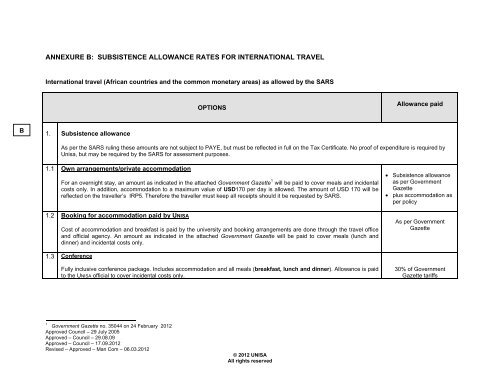 subsistence allowance rates for international travel - Unisa