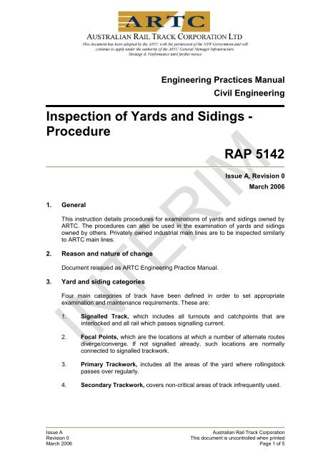 Inspection of Yards and Sidings - Procedure RAP ... - ARTC Extranet