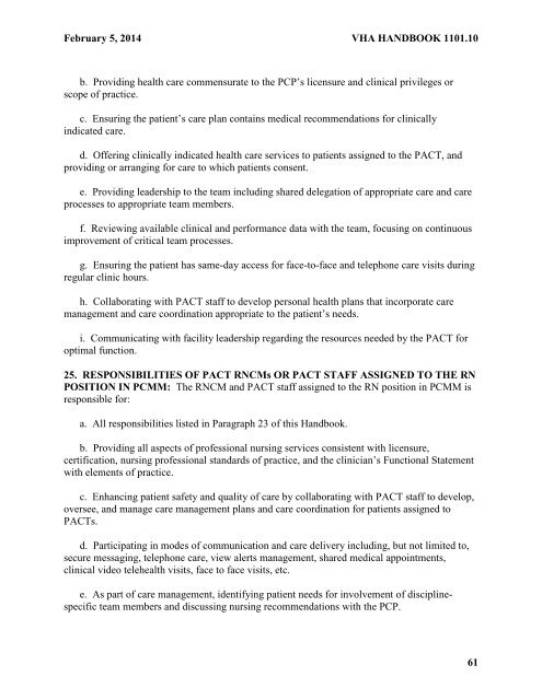 VHA HANDBOOK 1101.10 Febr