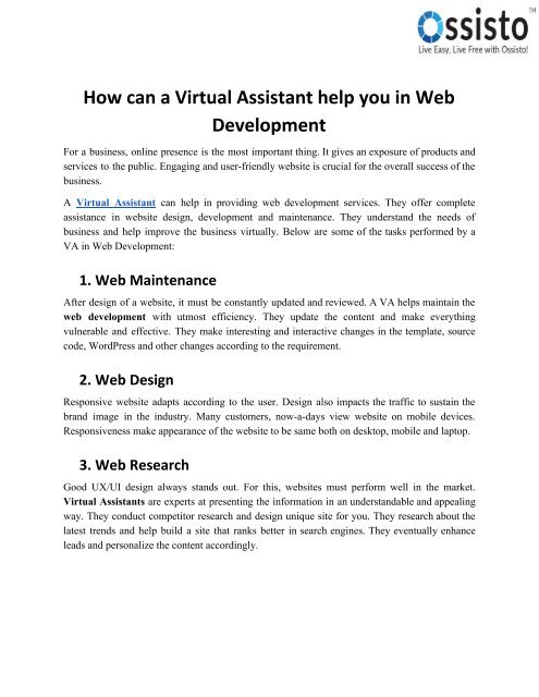 How can a Virtual Assistant help you in Web Development