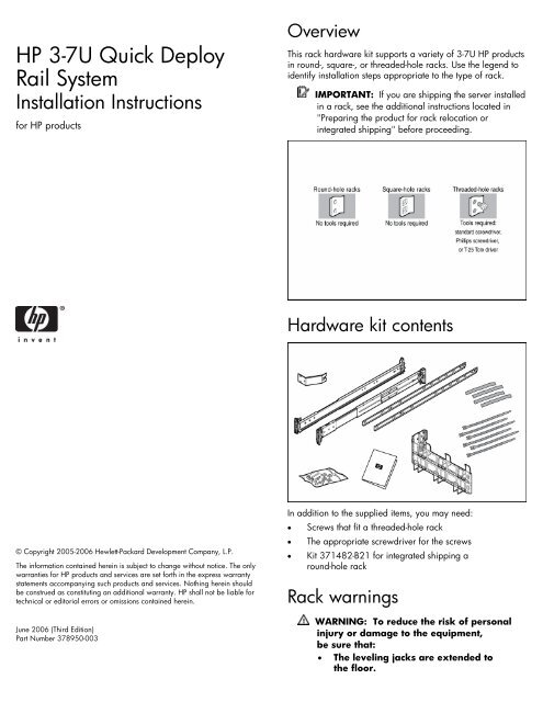 HP 3-7U Quick Deploy Rail System Installation Instructions
