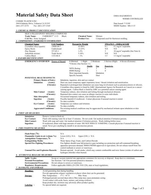 Material Safety Data Sheet - Cosmic Plastics