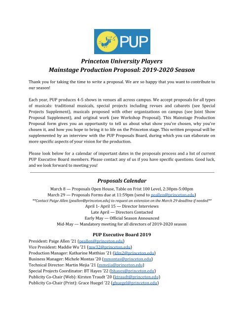 PUP Production Proposal 2019-2020