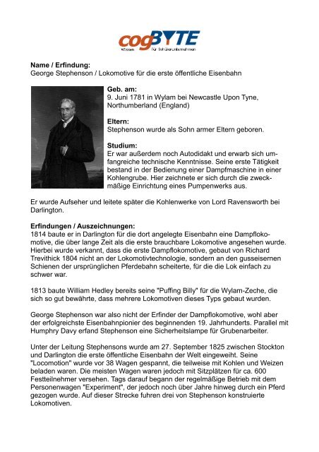 George Stephenson / Lokomotive für die erste öffentliche ... - Cogbyte
