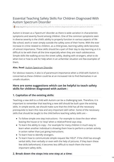 Essential Teaching Safety Skills For Children Diagnosed With Autism ...