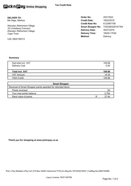 Your refund for PnP Online Shopping 6123991758
