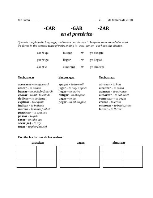 -CAR -GAR -ZAR En El Preterito Worksheet (With Lists Of Car-Gar-Zar Verbs)