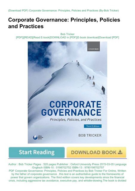 PDF Corporate Governance: Principles, Policies and Practices by Bob ...
