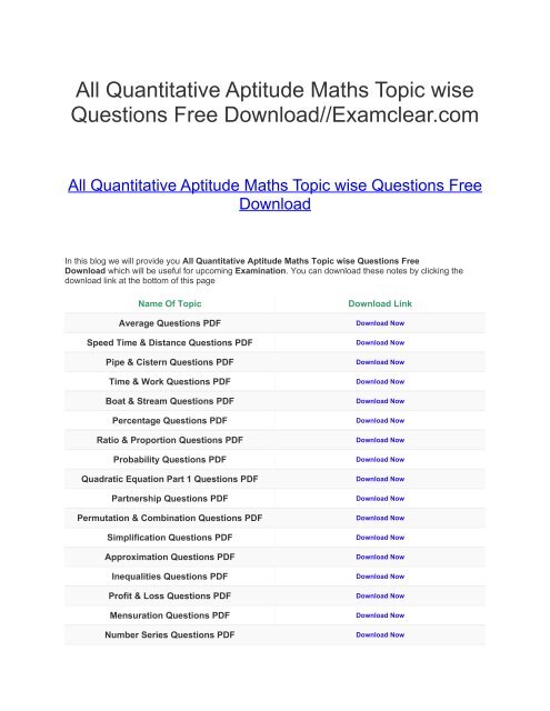 All Quantitative Aptitude Maths Topic wise Questions Free Download