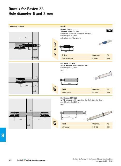 Dowels for Rastex 25 Hole diameter 5 and 8 mm - Hettich