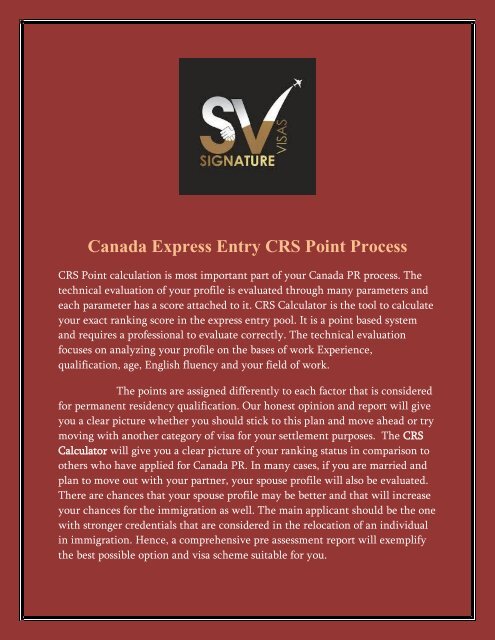 Canada Express Entry CRS Point Process