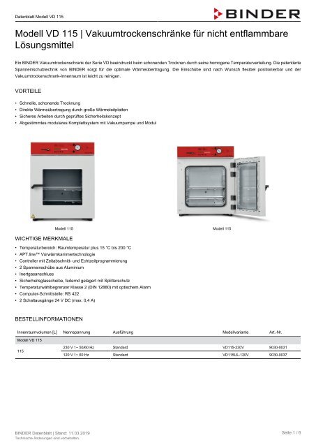 BINDER VD-Serie Vakuumtrockenschränke VD 115